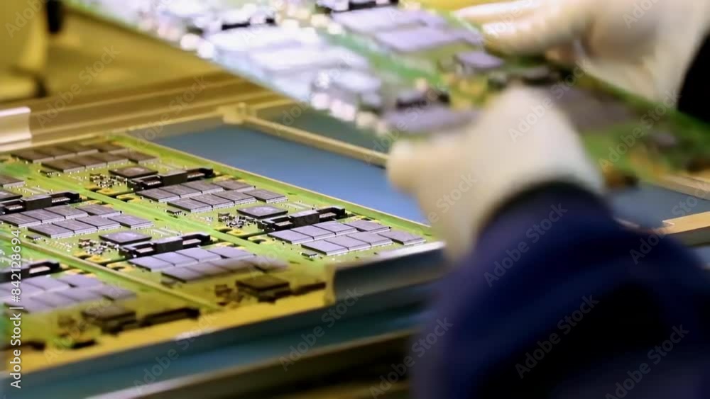 Video „Close-up of a worker's hands placing integrated circuit boards ...