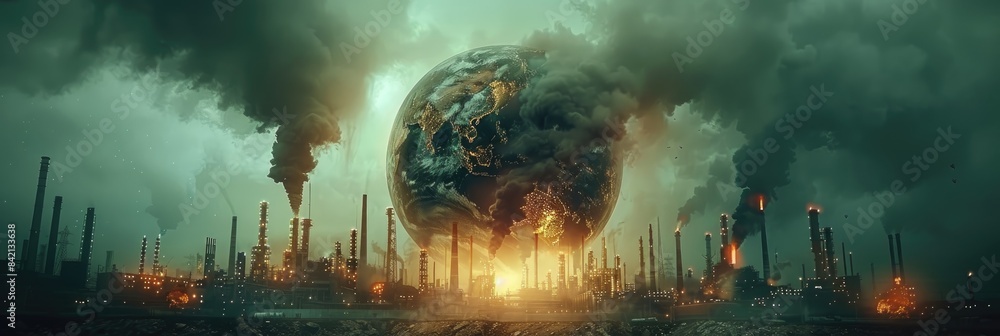 Large industrial plant emitting pollutants into the air. A polluted ...