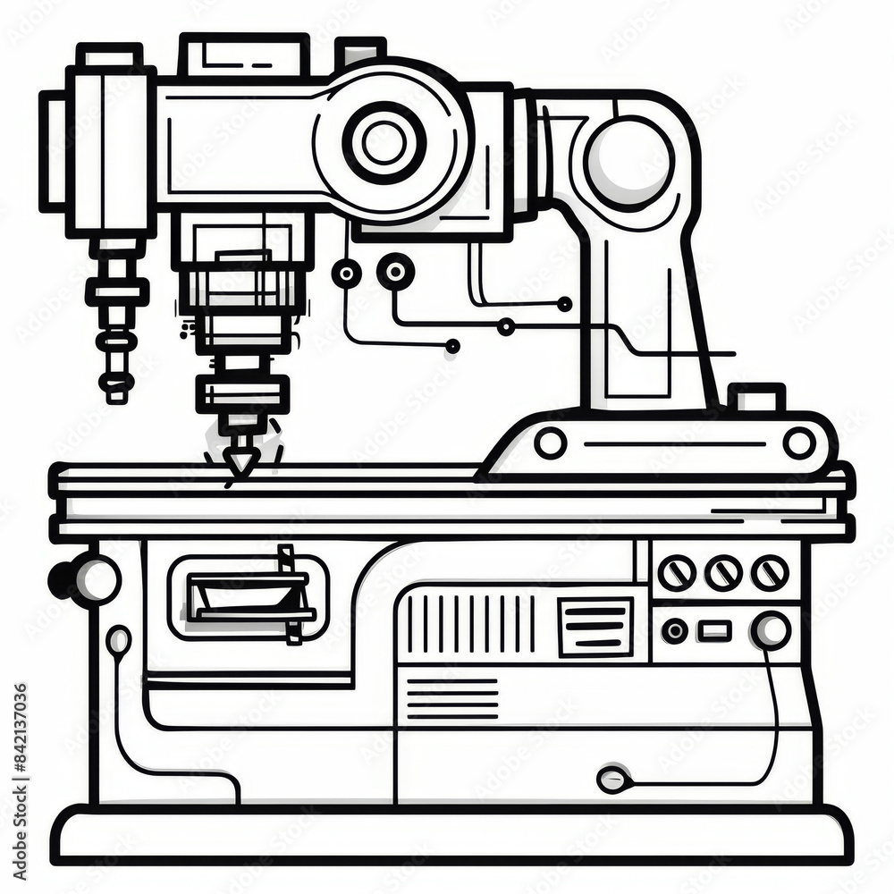 Black and white cartoon illustration of an industrial milling machine ...
