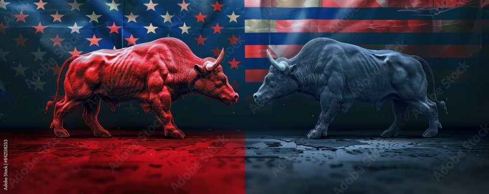 Two bulls, one blue and one red, facing off against each other in front ...