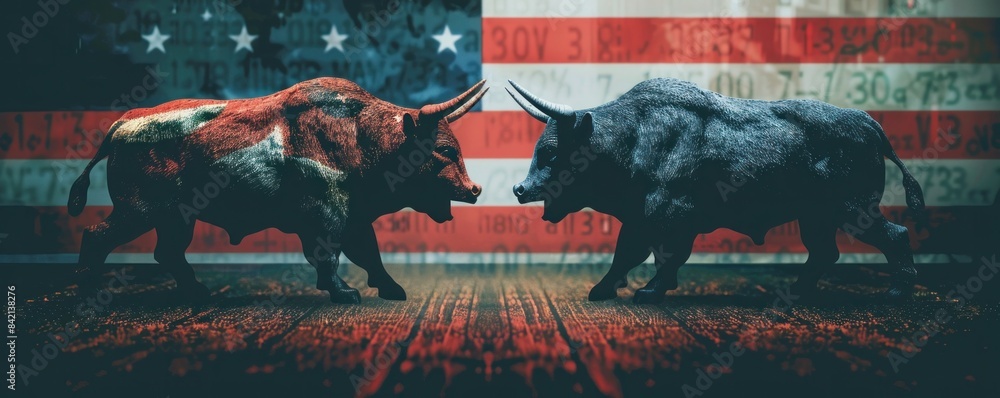 Two bulls, one blue and one red, facing off against each other in front ...