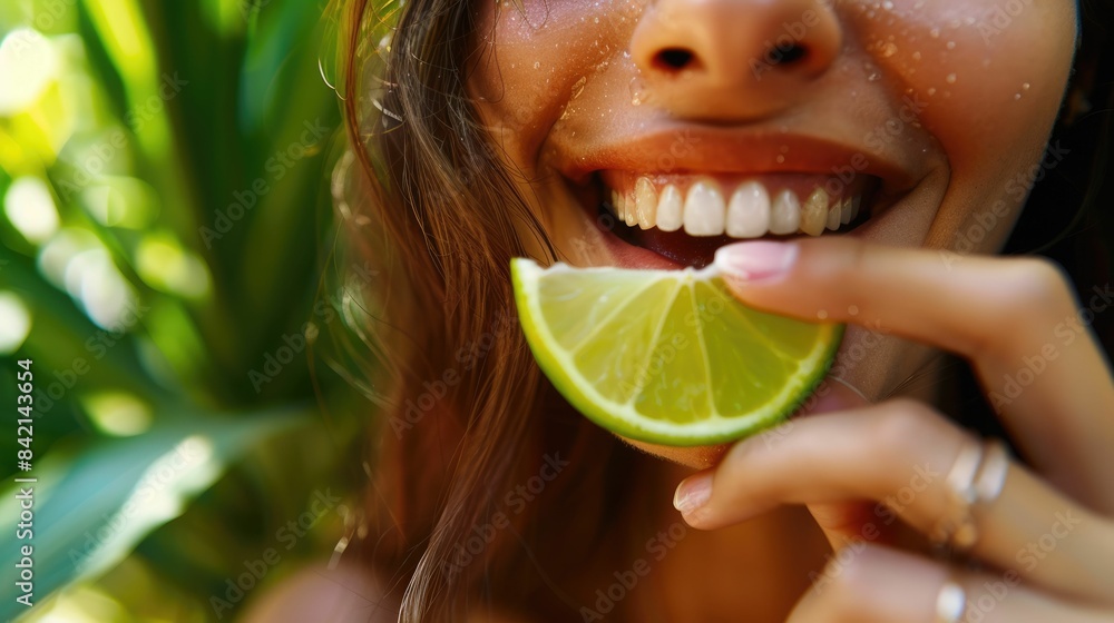 With a smile, she takes a bite of the sour lime, feeling happy as the ...