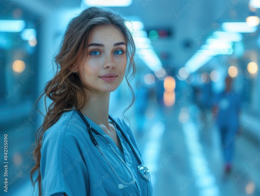 Futuristic Nurse Care in Blue Hue Modern Hospital Setting with Blurred ...