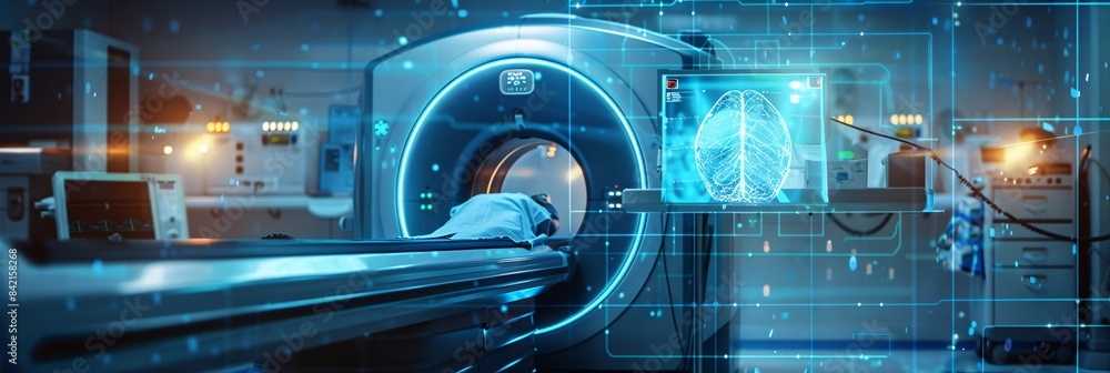 Craft an engaging wide banner featuring an advanced MRI or CT scan ...