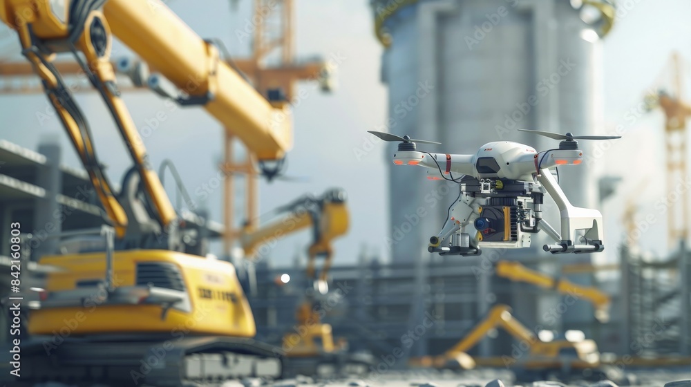 A 3D visualization of a futuristic construction site using robots and ...