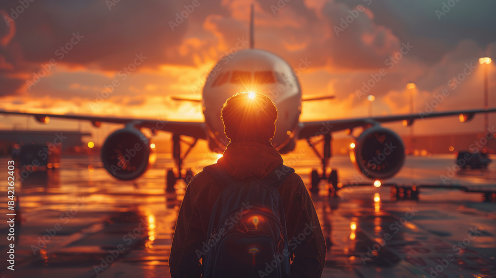 aircraft engineer fixing an airbus a320 at the hangar during sunset ...