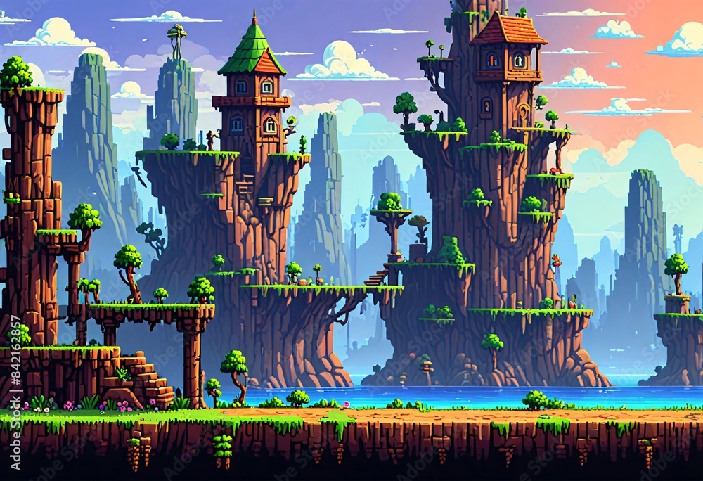 asset for a bit pixel platform mobile game,dirt grass wood tree bush ...