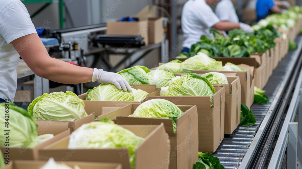 hydroponic cabbage into boxes on a conveyor line at a factory plant ...