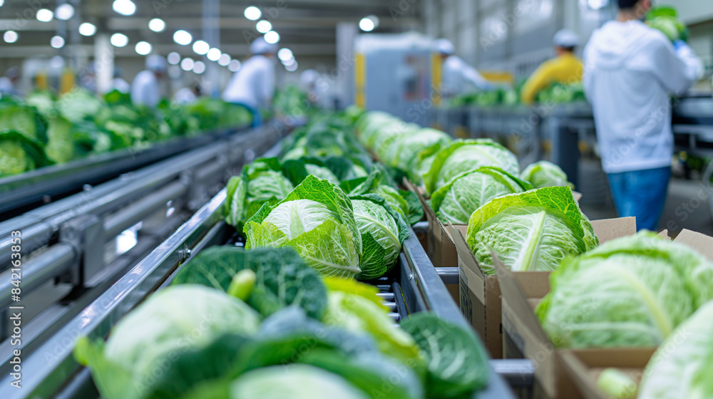 hydroponic cabbage into boxes on a conveyor line at a factory plant ...