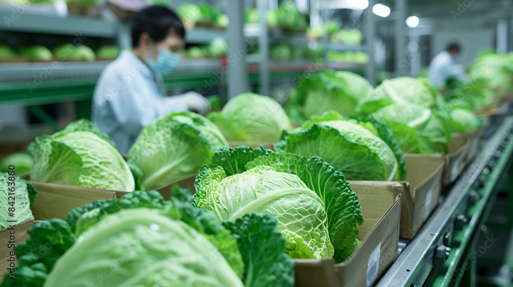 hydroponic cabbage into boxes on a conveyor line at a factory plant ...