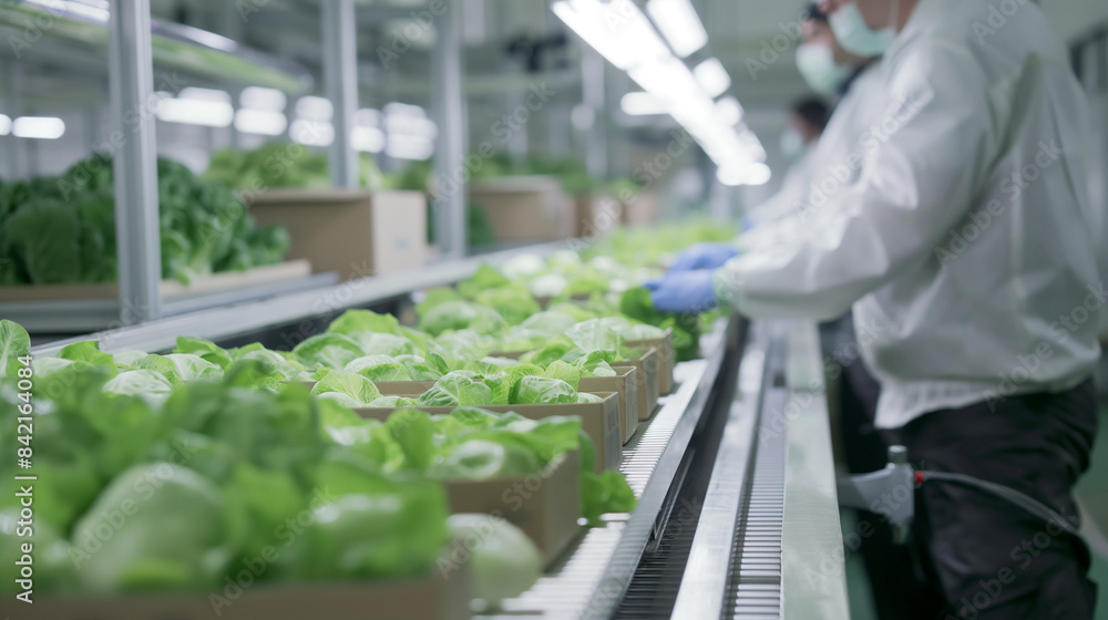 hydroponic cabbage into boxes on a conveyor line at a factory plant ...