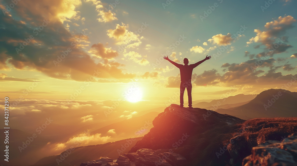 Sunset with a joyful and happy person’s silhouette gazing at the ...