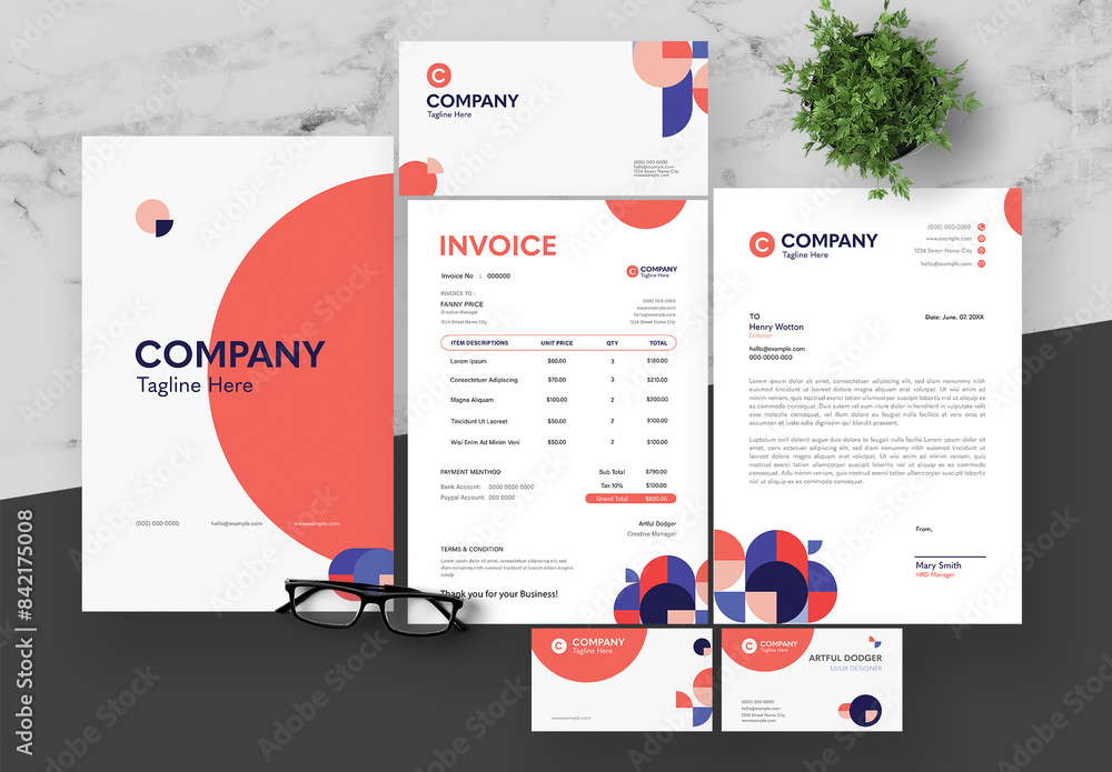 Red And Blue Clean Company Stationery Set Stock Template | Adobe Stock