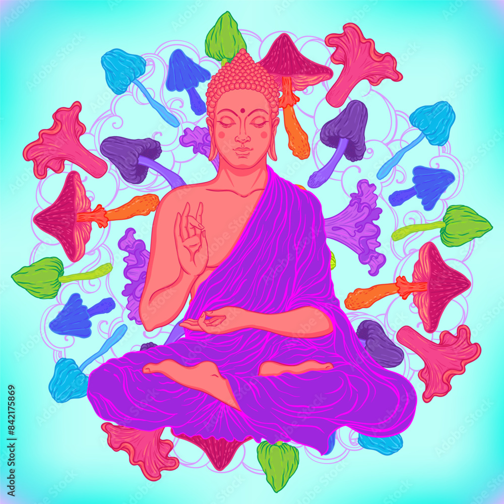 Acid Lord Buddha, ornate mandala round pattern mushroom illustration ...