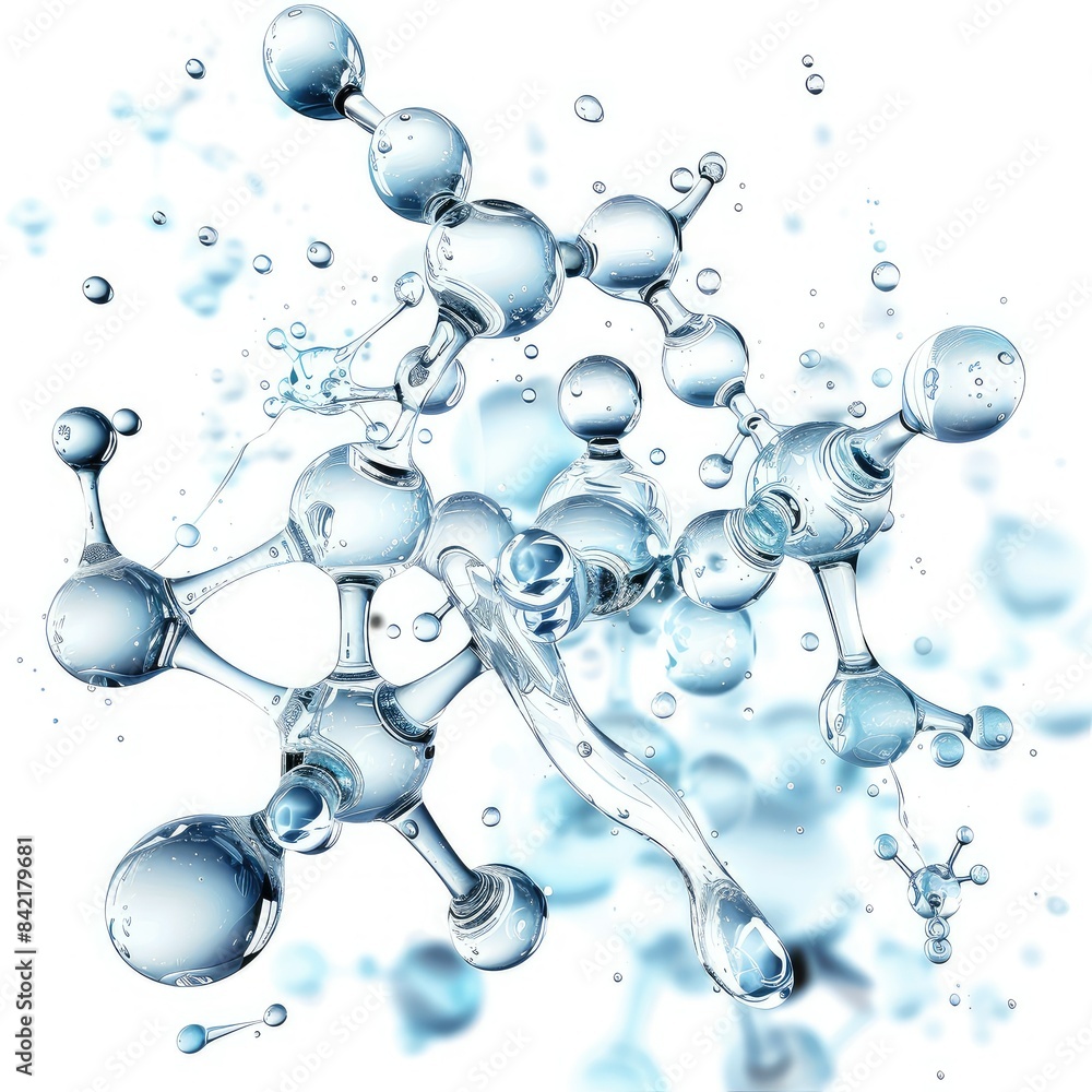 Abstract 3D rendering of a water molecule structure with blue and ...