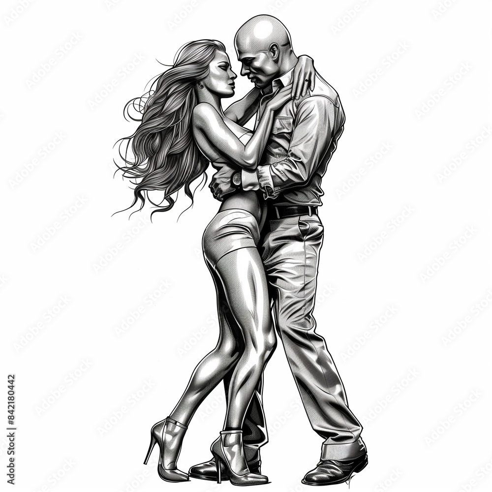 Realistic tattoo design of salsa dancers, featuring a handsome bald man ...