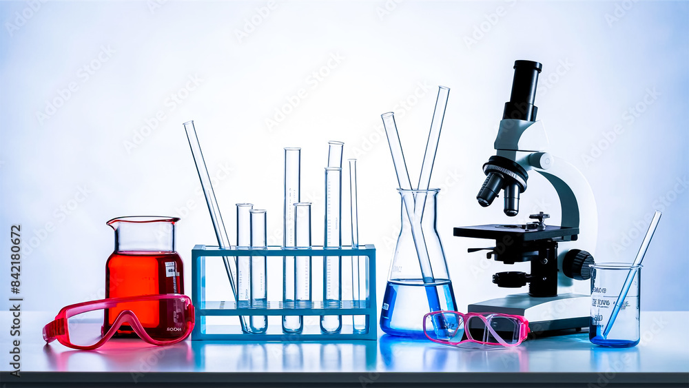 Realistic Science Lab Setup with Beakers, Test Tubes, and Microscope on ...
