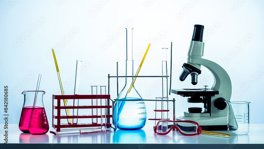 Realistic Science Lab Setup with Beakers, Test Tubes, and Microscope on ...