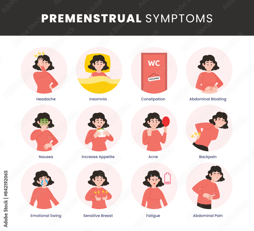 PMS Premenstrual symptoms infographic medical poster design, labeled woman period female ...