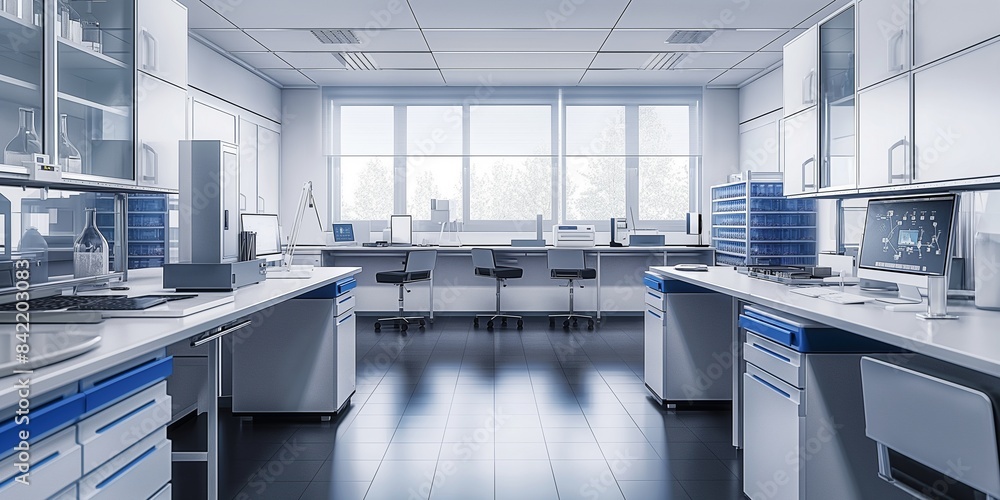Science modern lab interior architecture with cabinets, research desks ...