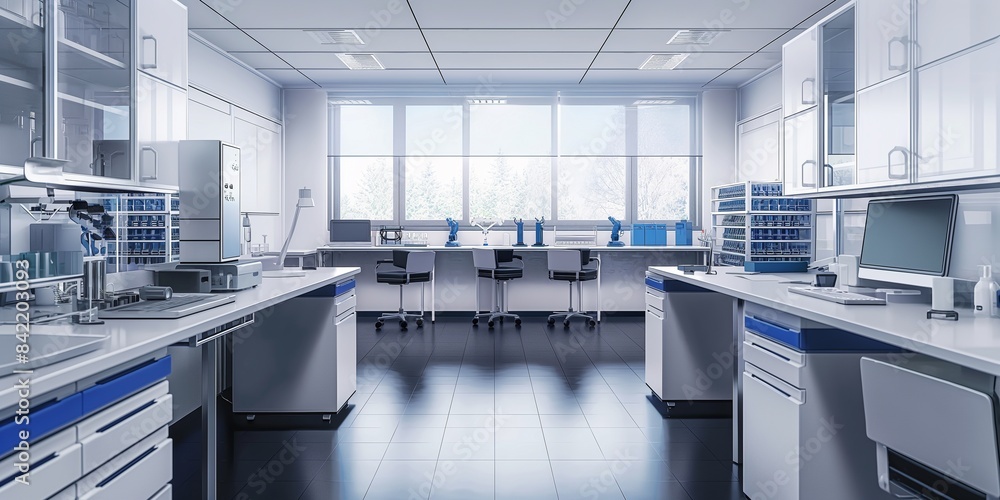 Science modern lab interior architecture with cabinets, research desks ...