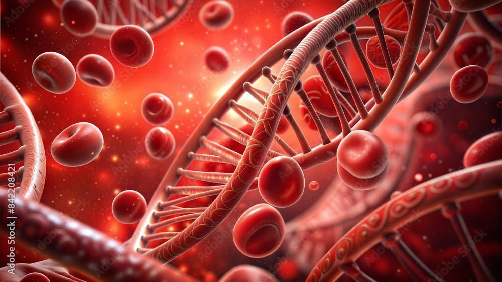 there is a red picture of a close up of a dna model, intaglio style ...