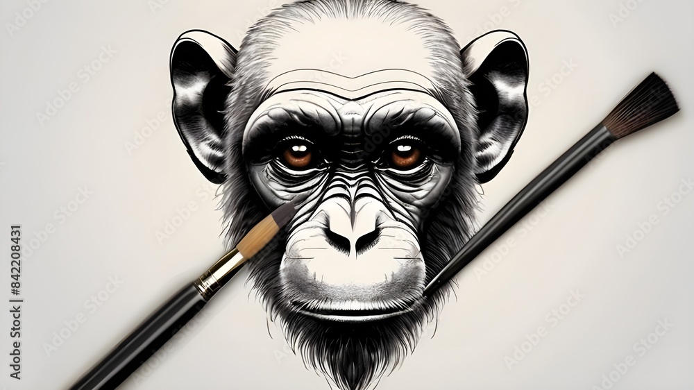 A minimalist line drawing of a monkey with a paintbrush, its self ...