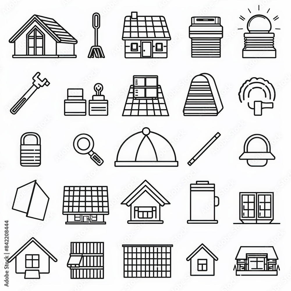 Comprehensive set of roofing maintenance icons, including inspection ...