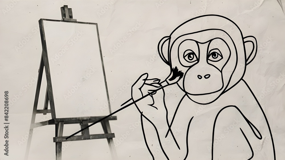 A minimalist line drawing of a monkey with a paintbrush, its self ...