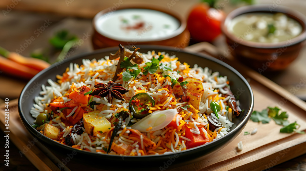 A detailed shot of a plate of vegetable biryani with colorful ...