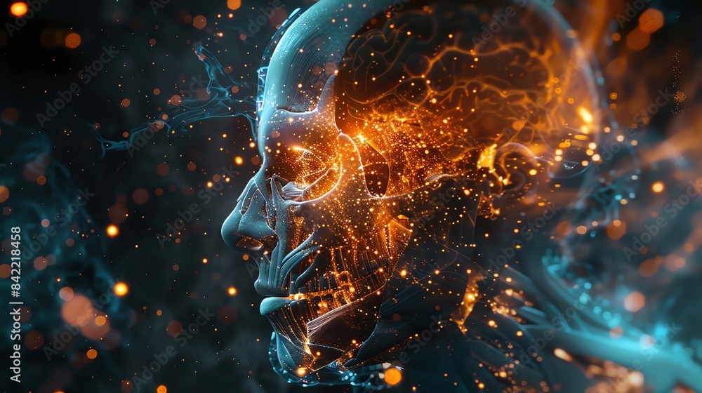 3d render of human anatomy, muscles and zoomed in head with glowing ...