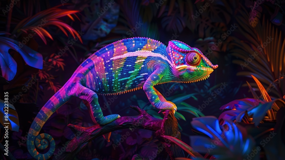 A vibrant 3D hologram of a chameleon, its skin changing through a ...