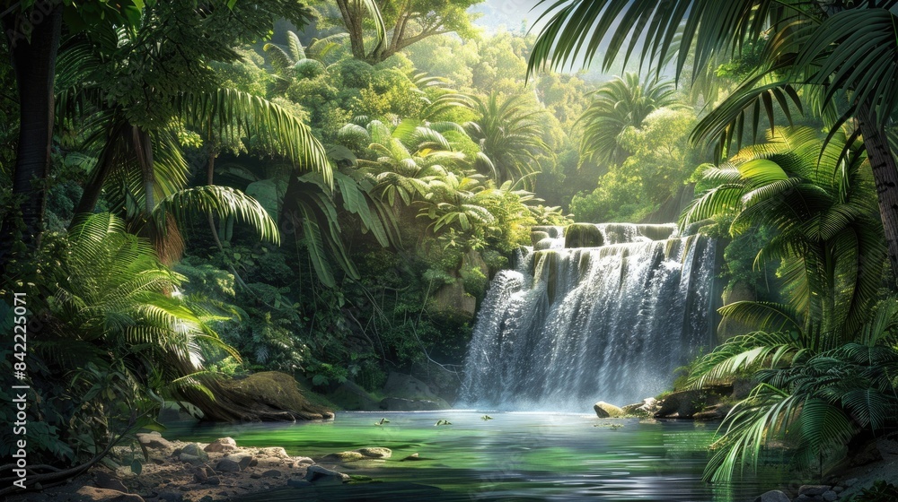 Background image of tropical waterfall oasis surrounded by dense ...