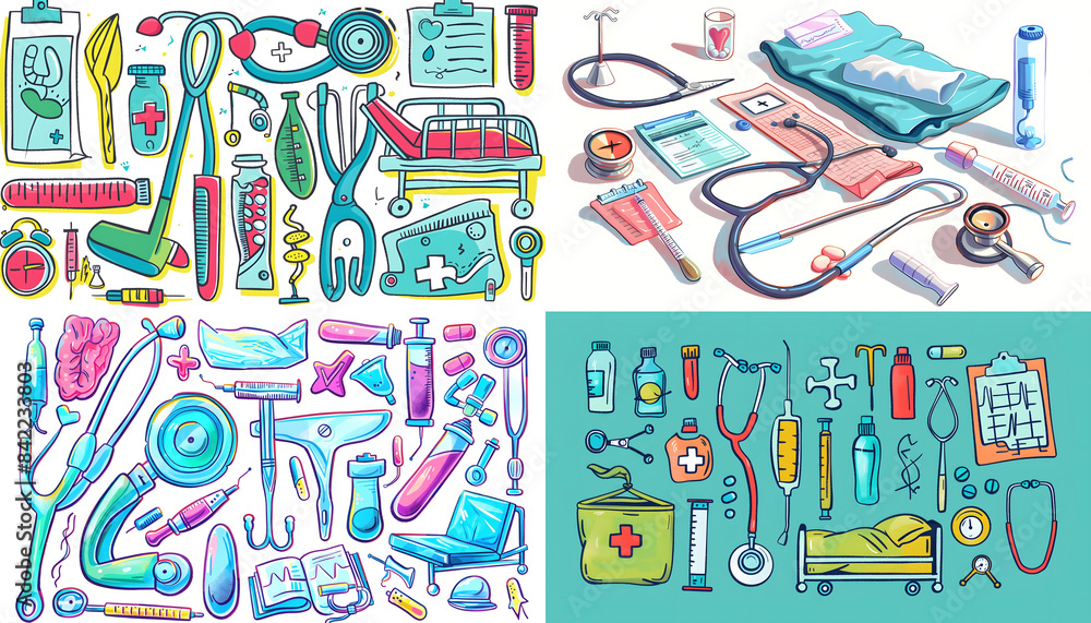 Clipart of healthcare tools featuring a stethoscope surgical scissors ...