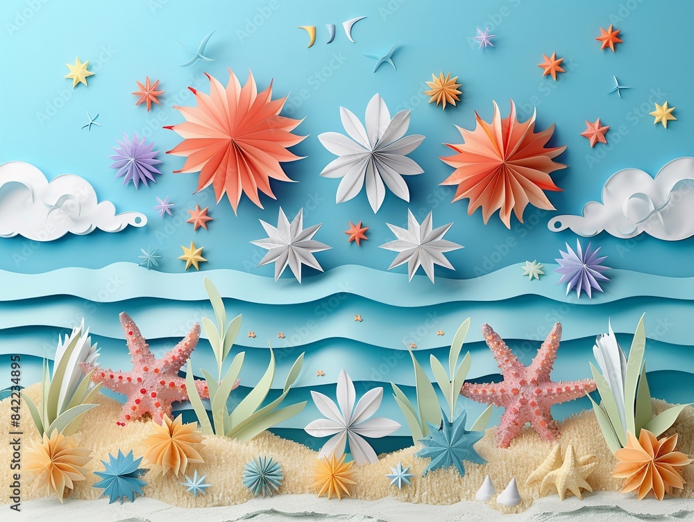 Paper art 3D scene of a fireworks show at the peaceful beach, Pastel ...