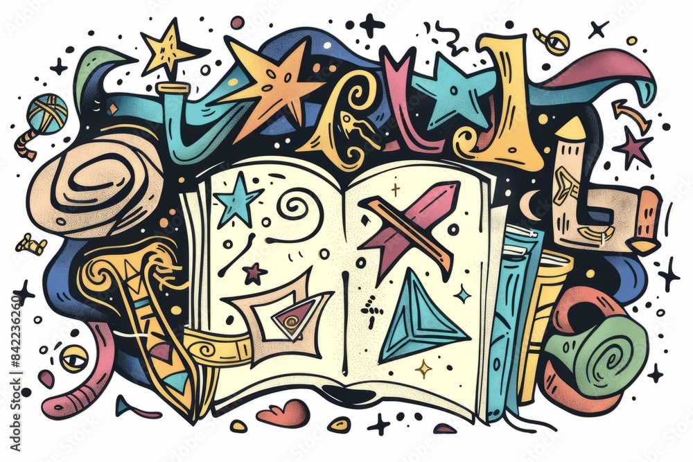 Cartoon cute doodles of a magical spellbook with tangled runes and ...