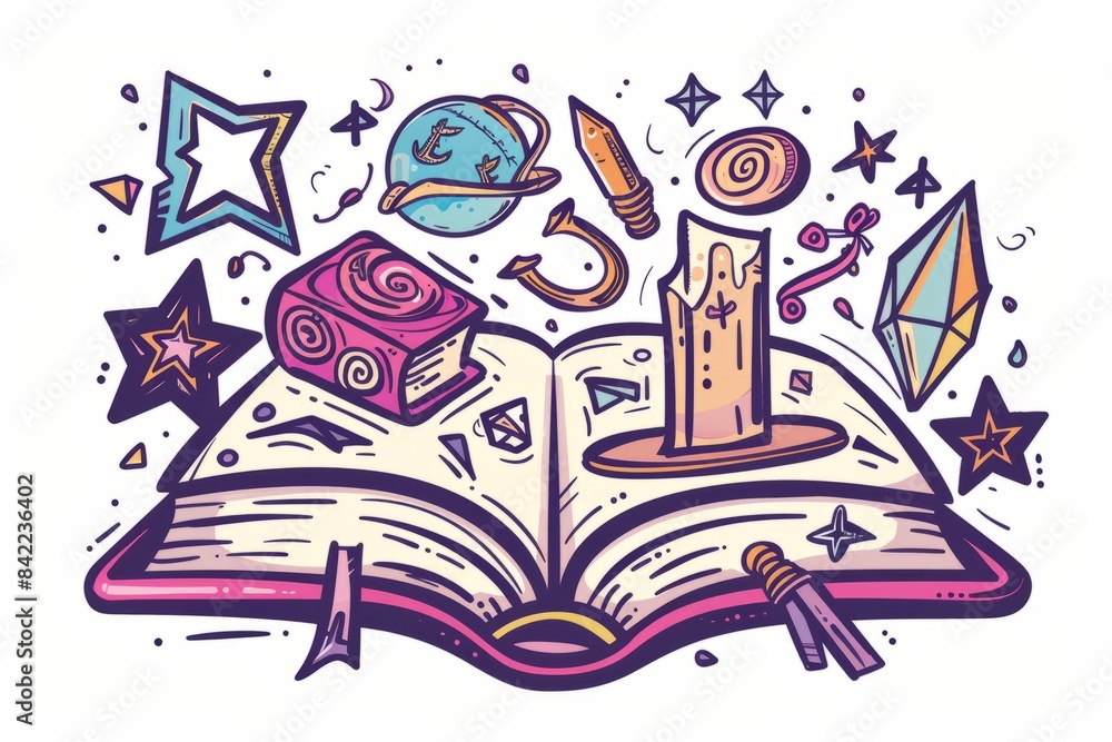 Cartoon cute doodles of a magical spellbook with tangled runes and ...