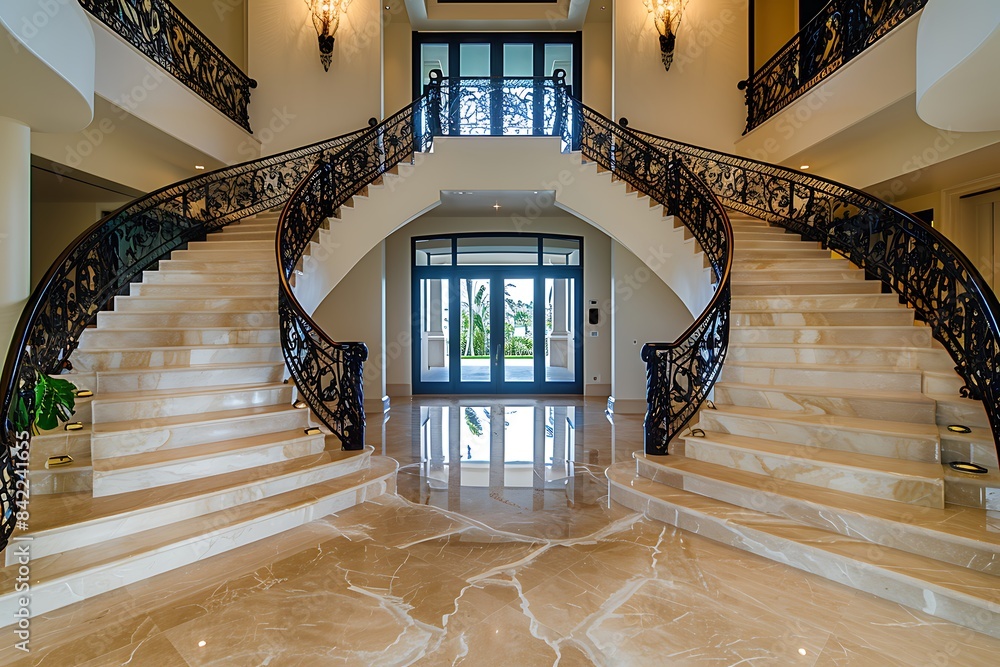 A grand entrance foyer in a modern luxury home featuring a double ...