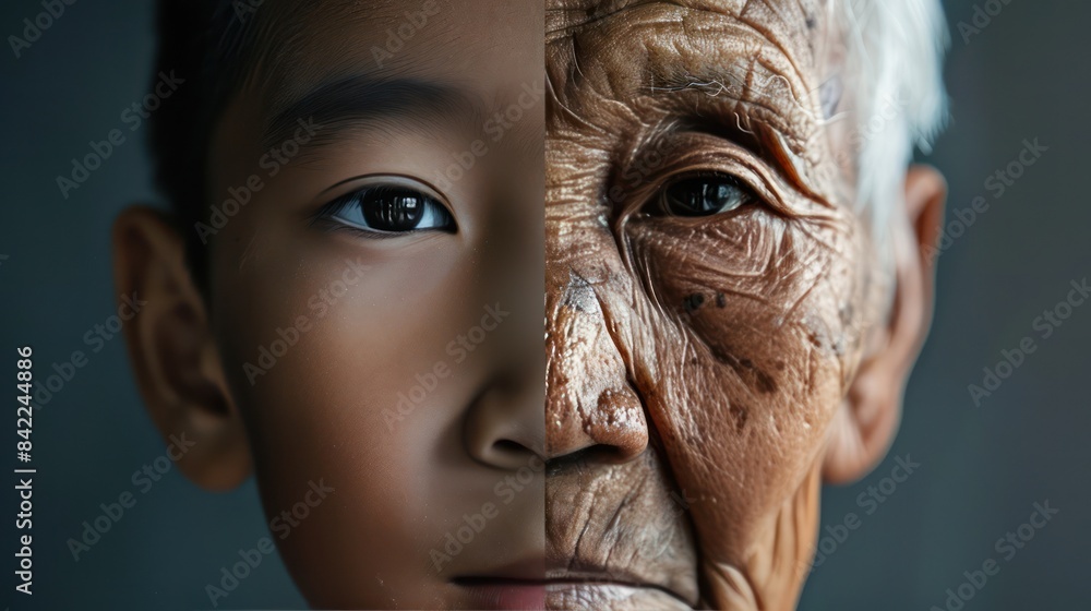 The face is divided into two halves - half of an Asian boy and half of ...