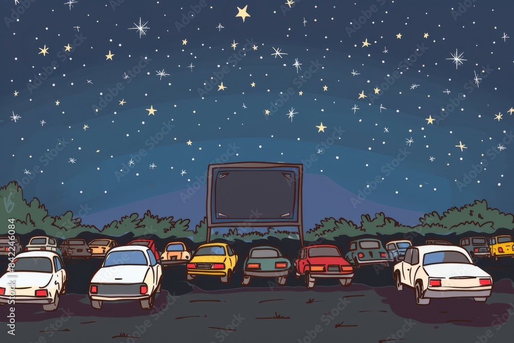 Cartoon cute doodles of a drive-in movie theater with cars parked under ...
