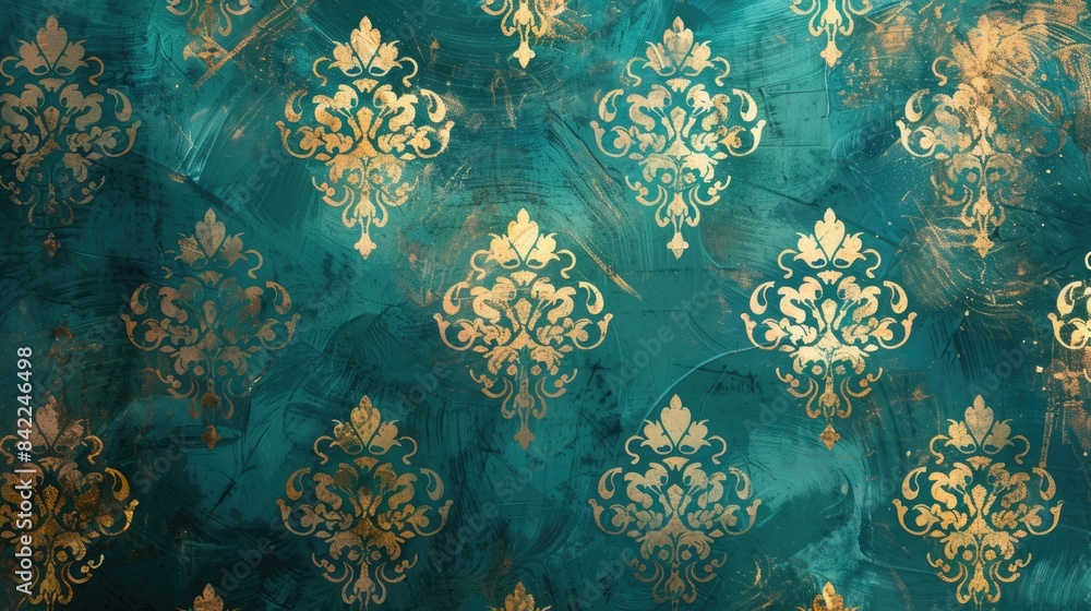 Vintage Teal Background with Gold Metallic Pattern on Digital Paper ...
