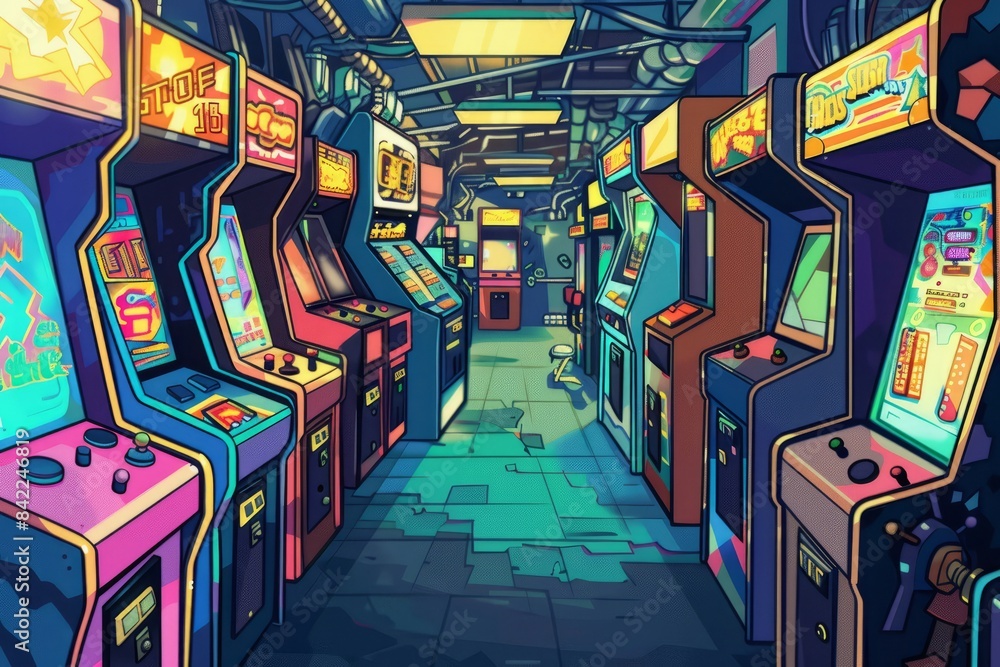 Cartoon cute doodles of a nostalgic arcade filled with colorful ...