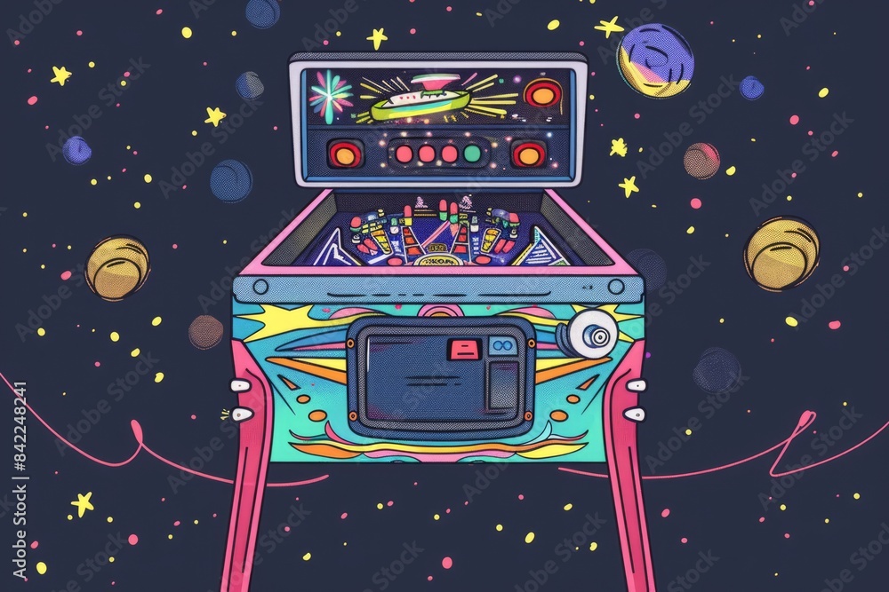 Cartoon cute doodles of a retro pinball machine with flashing lights ...