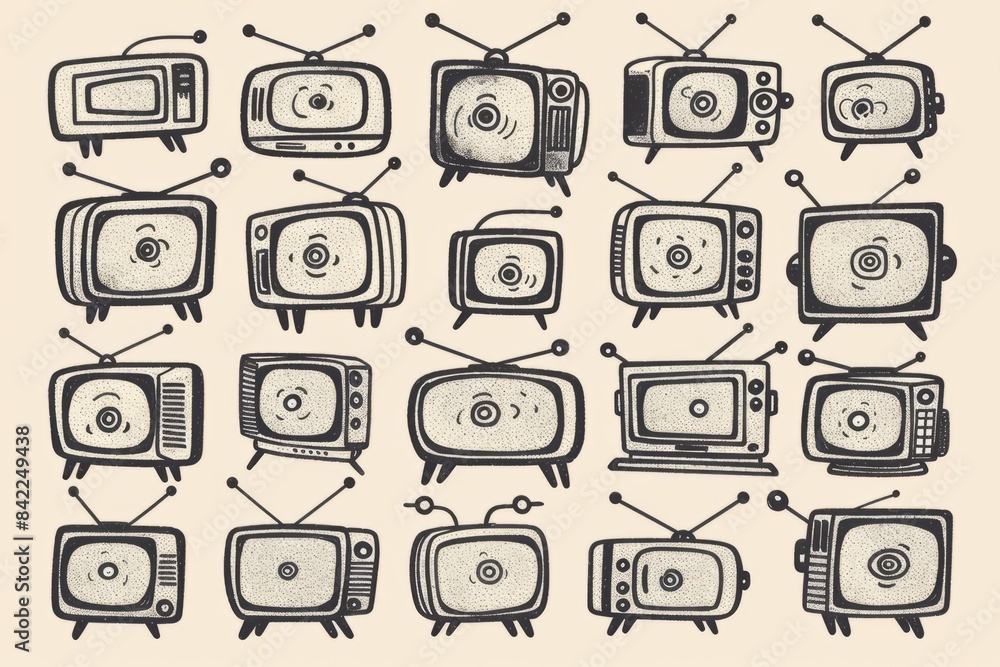 Cartoon cute doodles of a retro TV set showing black and white cartoons ...
