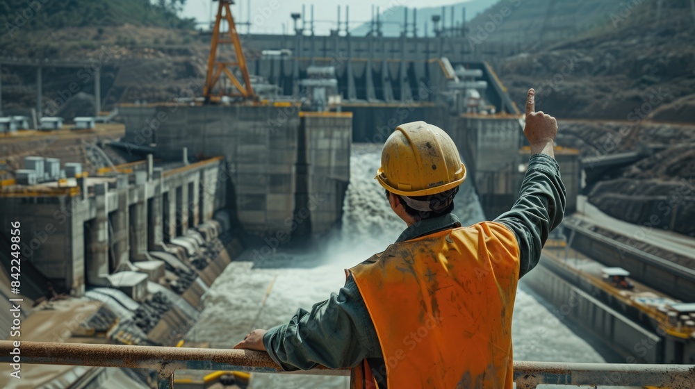 Smart civil engineer pointing at dam surrounded with nature and ...