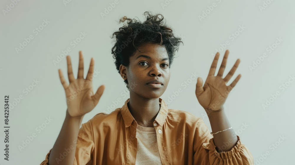 The picture of the interpreter is using the hand signal with the grey ...