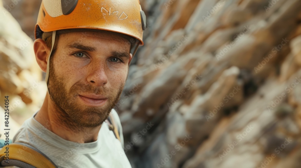 The picture of the climber is climbing the mountain with the equipment ...