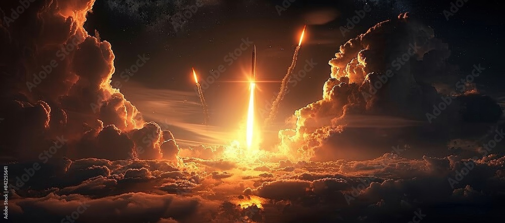 Launching rockets with fiery clouds at night, targeting the dark sky ...