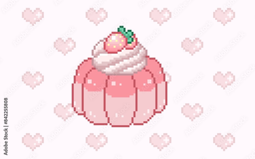 Pixel art of pink strawberry pudding and cream with heart pattern and ...