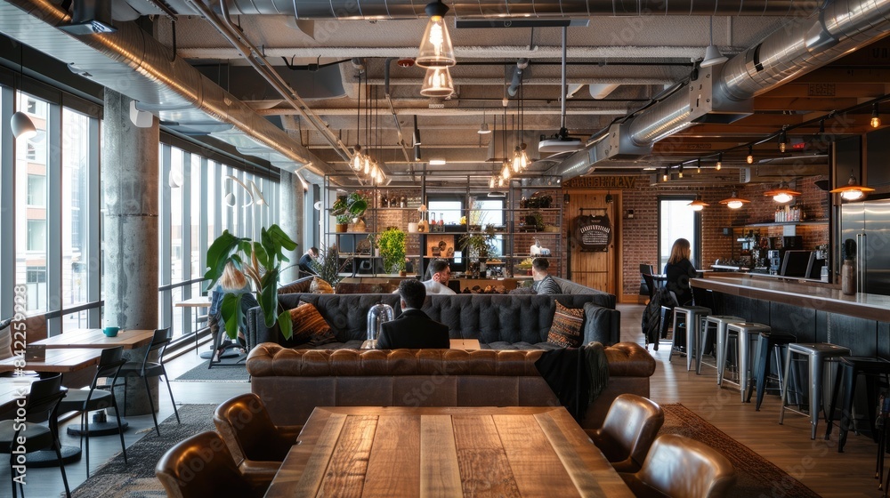 The image shows a modern industrial-style restaurant with a high ...
